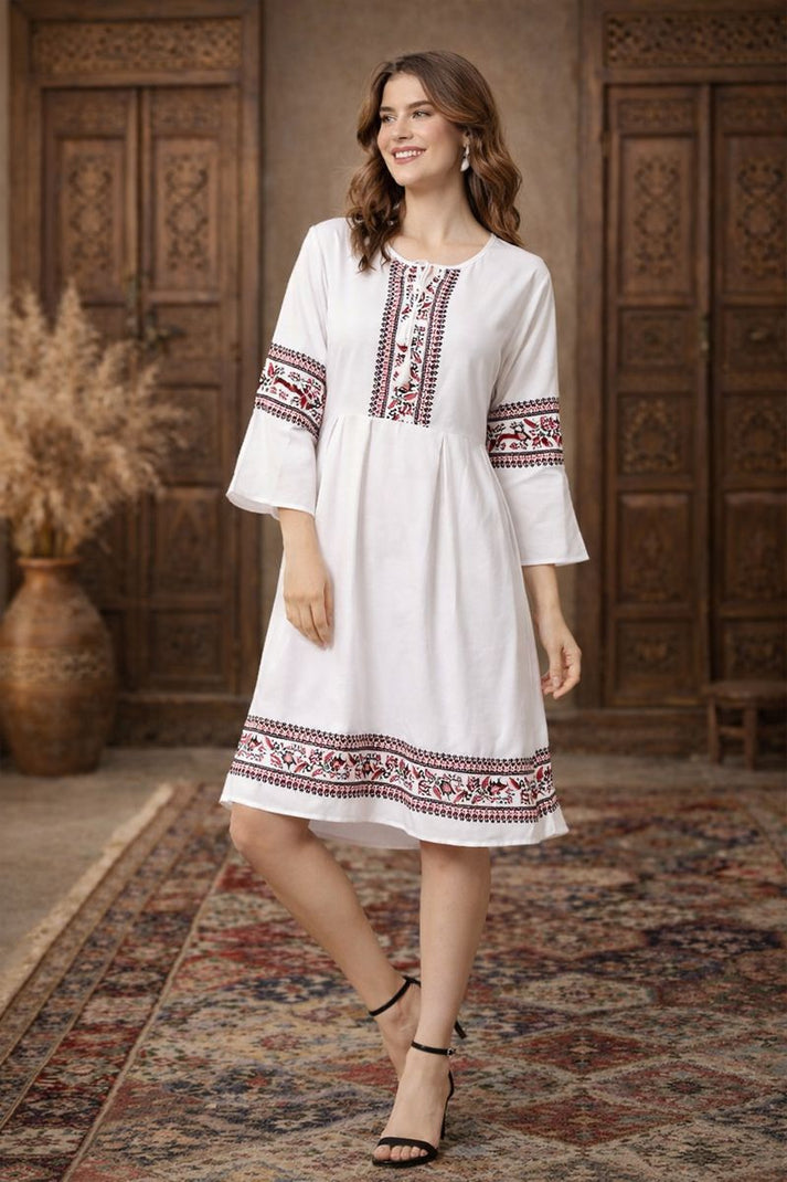White Ethnic Printed A-Line Dress with Bell Sleeves – Beepunch